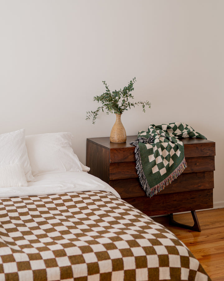 Bien Mal "Check" Throw Blanket. Brown checkered print cotton woven ...